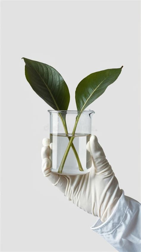 White Gloved Hand Holds Beaker With Green Leaves Submerged In Clear
