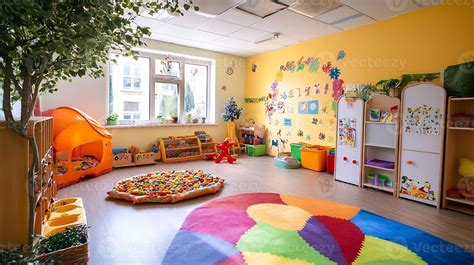 Bright And Colorful Kindergarten Interior Classroom With Learning