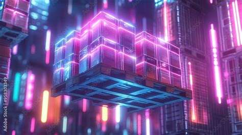 Pallet Stacked With Boxes Of Food Floating Mid Air In A Sci Fi Environment Holographic Supply