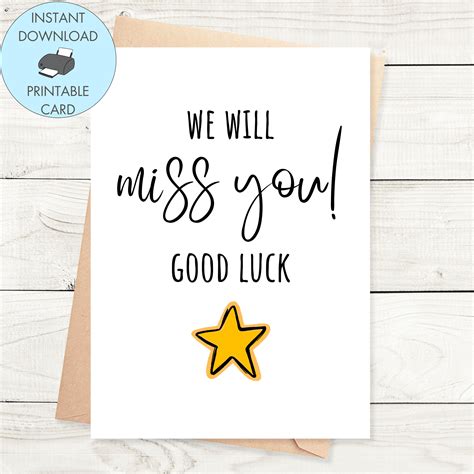 Printable Leaving Card We Will Miss You Good Luck Star Instant