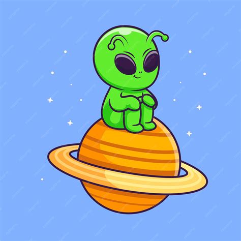 Cute Alien Sitting On Planet Cartoon Vector Icon Illustration Science