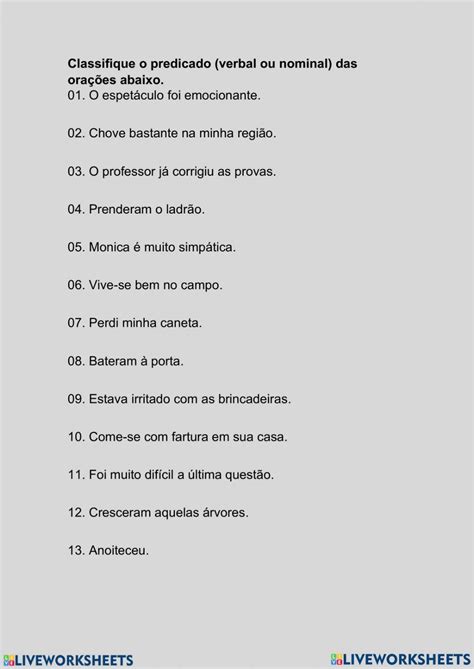 Atividades Sobre Predicado Verbal E Nominal Binkedu