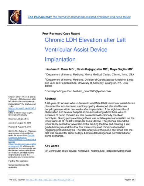 Pdf Chronic Ldh Elevation After Left Ventricular Assist Device