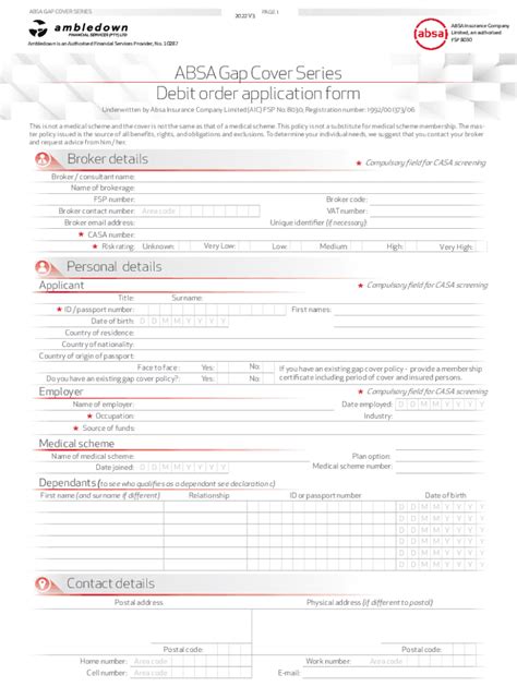 Fillable Online Absa Gap Cover Series Debit Order Application Form Fax