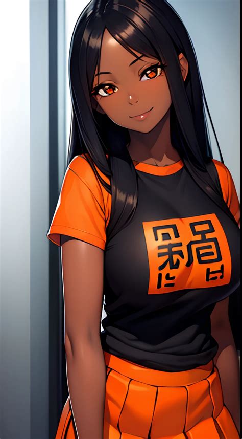 Anime Girl In Orange Skirt And Black Shirt With Asian Writing Seaart Ai