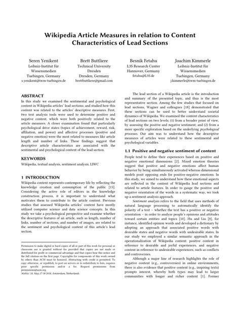 Pdf Wikipedia Article Measures In Relation To Content Characteristics