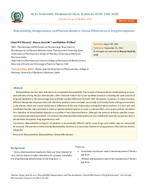 Pdf Bioavailability Bioequivalence And Pharmacokinetics Clinical