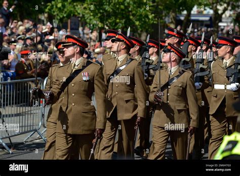 British Army Soldiers Of The Royal Military Police A Red Cap March On