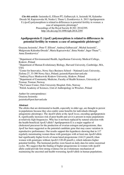 Pdf Apolipoprotein E Apoe Polymorphism Is Related To Differences In Potential Fertility In