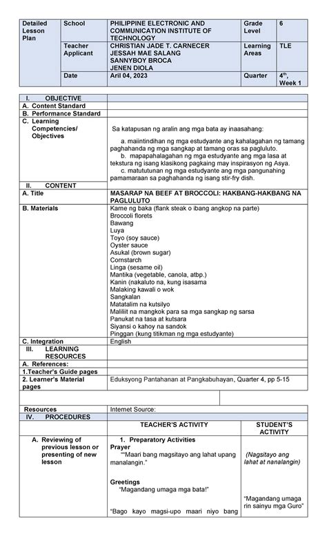 Tle Lp April 1 Detailed Lesson Plan School Philippine Electronic And
