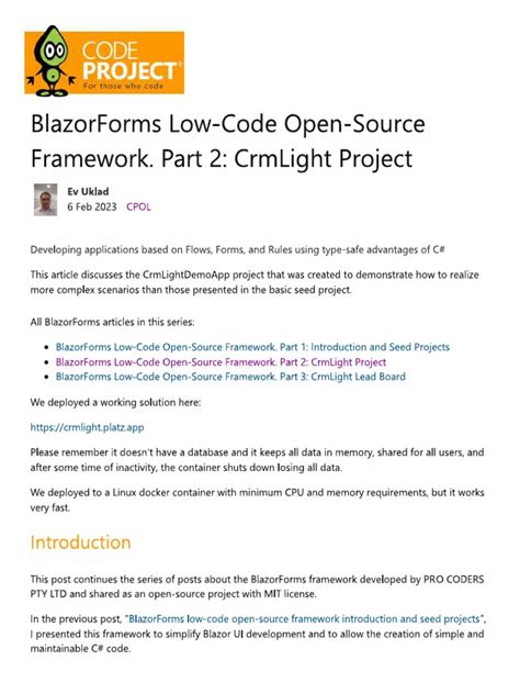 Blazorforms Low Code Open Source Framework Part 2 Crmlight Project Pdf