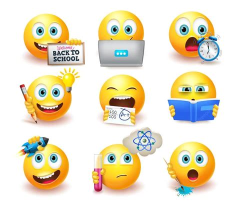 Emoticon Back To School Emoji Vector Set Emoticones Con Pose Educativa Y Expresiones Como