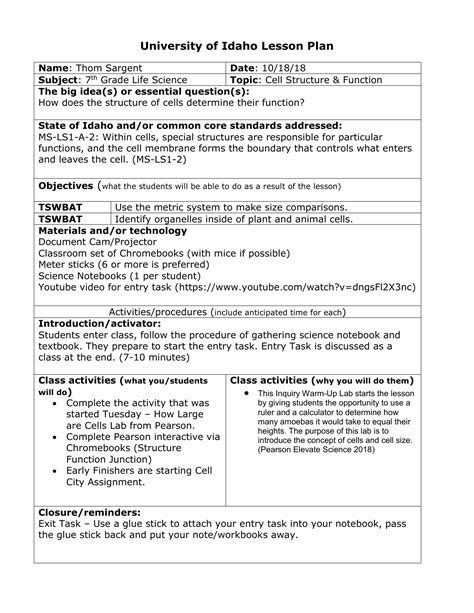 Lesson Plan On Cell Structure