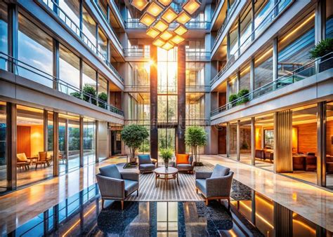 Stunning Aerial View Of A Modern Luxury Hotel Lobby Featuring A Glass