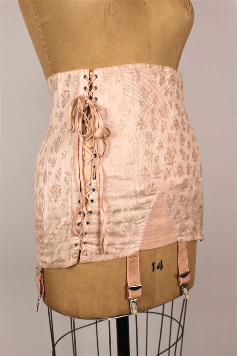 1940s Vintage Samaritaine Corset Pink Brocade Girdle With Front Lacing