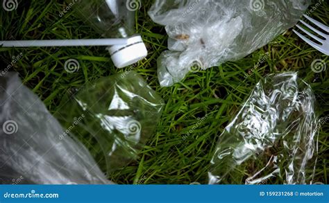 Plastic Trash On Grass Pollution Problem Environmental Disaster Save