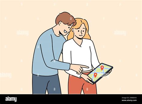 Digital Maps Are Used By Man And Woman To Plot Route While Traveling To New City Happy Couple