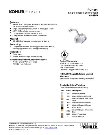 Kohler K 939 G Cp Purist® 175 Gpm Single Function Showerhead Spec
