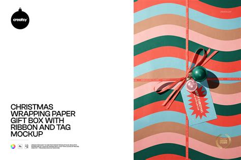 Christmas Wrapping Paper T Box With Ribbon And Tag Mockup Creatsy®
