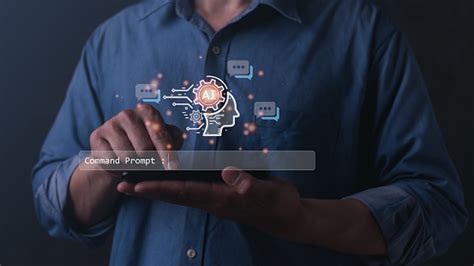 Ai와의 챗봇 채팅 기술을 사용하는 인간과의 인공 지능 스마트 로봇 Ai 명령 프롬프트를 입력하여 무언가를 생성하는 인공 지능 미래 기술 변환 Ai 프롬프트에 대한 스톡