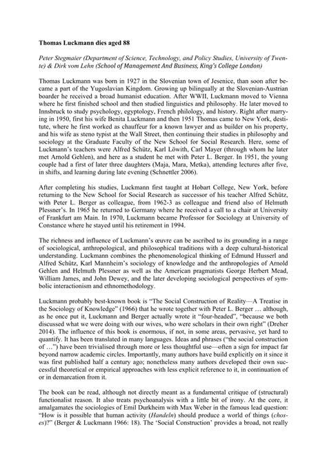 Pdf Thomas Luckmann Dies Aged 88