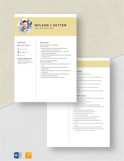 Core Java Developer Resume In Word Pages Download