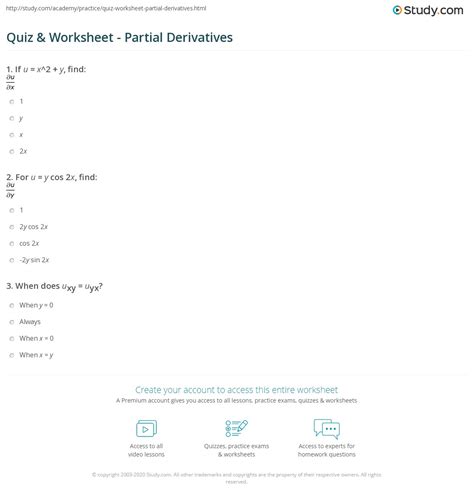 Quiz And Worksheet Partial Derivatives