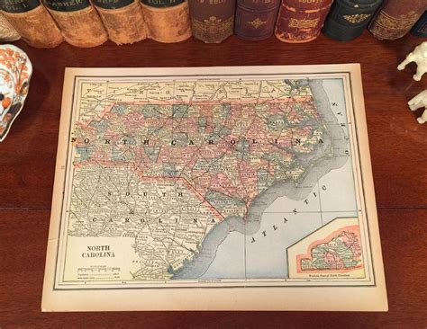 Original 1887 Antique Map North Carolina Wilmington Raliegh Durham High
