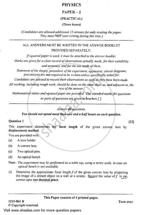Physics Practical 2014 2015 Isc Commerce Class 12 Question Paper With Pdf Download
