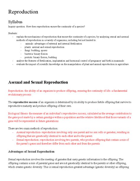 2020 Biology Hsc Final Exam Notes On Sexual And Asexual Reproduction