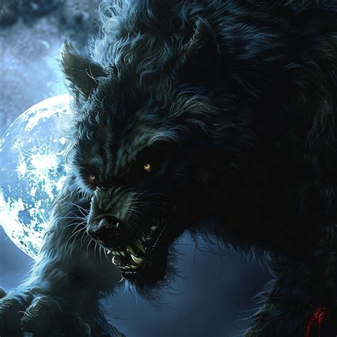A Furious Werewolf Crying At The Full Moon Its Eyes Sparkling With