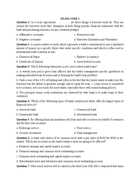 Exam Code 1 Ob Pdf Loans Banks