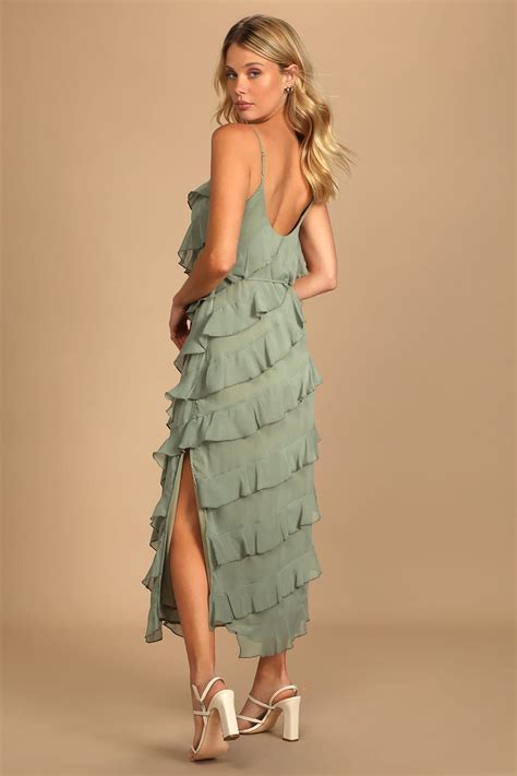 Love The Look Sage Green Tiered Ruffled Midi Dress