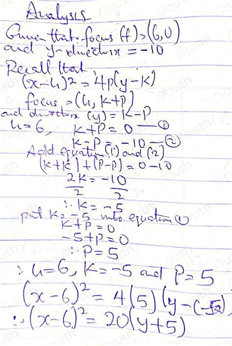 Solved What Is The Equation Of The Quadratic Graph With A Focus Of 6