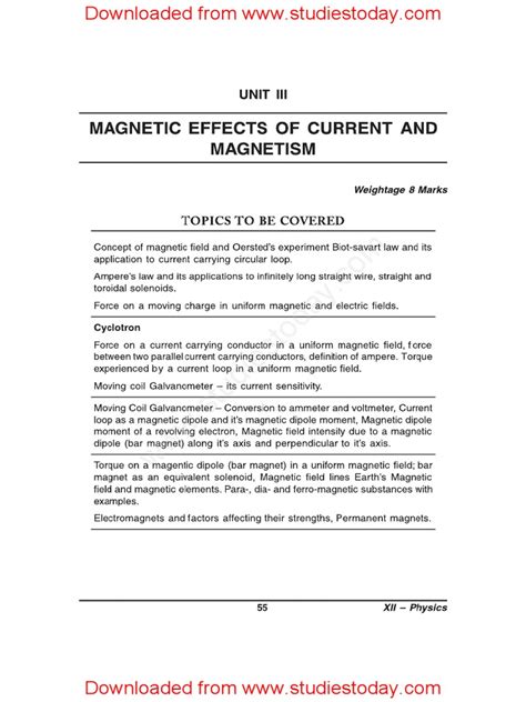 Cbse Class 12 Physics Assignment Magnetic Effect Of Current And