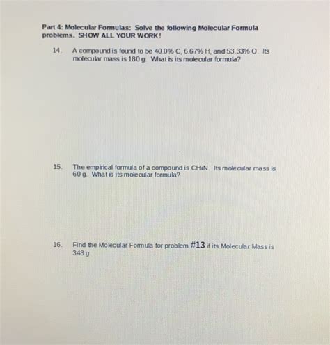 Solved Part 4 Molecular Formulas Solve The Following Molecular