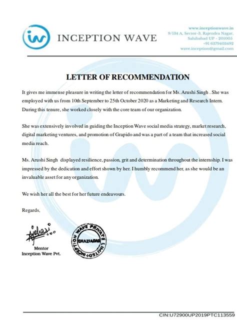 arushi singh on linkedin letterofrecommendation inceptionwave