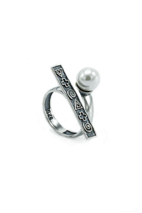 Silver Ring With Majorca Pearl And Ornaments In Armenian Fashion R