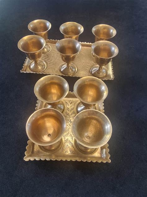 Brass Vintage 10 Liqueur Goblets And Trays Silverflamze