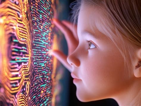Curious Girl Interacting With Colorful Digital Interface In A Modern