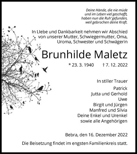 Traueranzeigen Von Brunhilde Maletz Trauerhnade