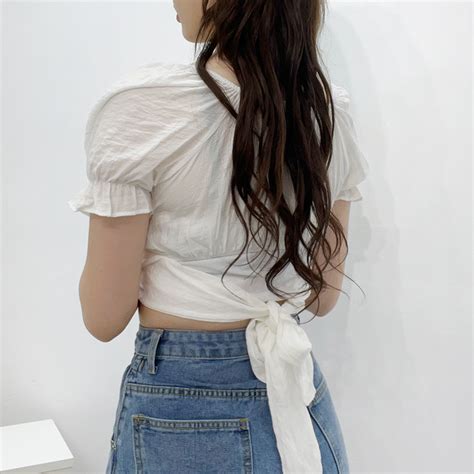 러블리 리본🎀스퀘어 블라우스 레이스 크롭 퍼프 2color 에이블리