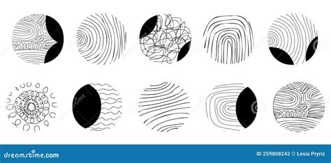 Set Of Round Abstract Black Backgrounds Or Patterns Hand Drawn Doodle Shapes Stock Vector