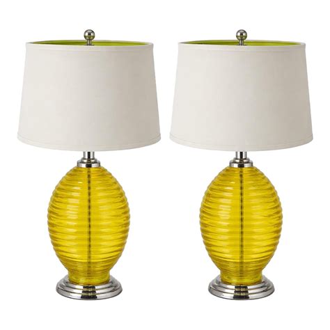 Vintage Citron Ribbed Glass Table Lamps With Chrome Bases And Green Lined