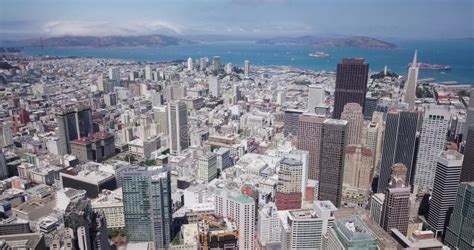 Aerial Drone Of The San Francisco City Skyline And Golden Gate Bridge