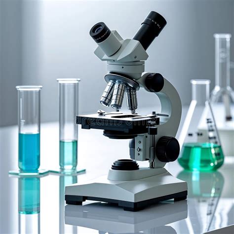 Classic Optical Microscope In Foreground With White And Black Design