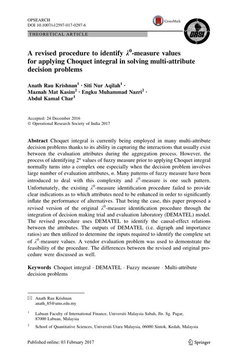 Pdf A Revised Procedure To Identify λ 0 Measure Values For Applying Choquet Integral In