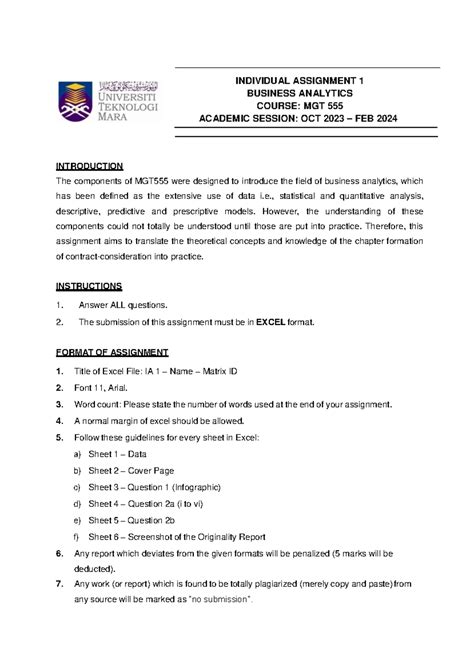 Mgt555 Individual Assignment 1 Individual Assignment 1 Business Analytics Course Mgt 555