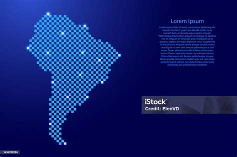 미래 지향적인 파란색 체크 무늬 사각형 격자 패턴과 배너 포스터 인사말 카드에 빛나는 별에서 남아메리카 지도 0명에 대한 스톡 벡터 아트 및 기타 이미지 Istock