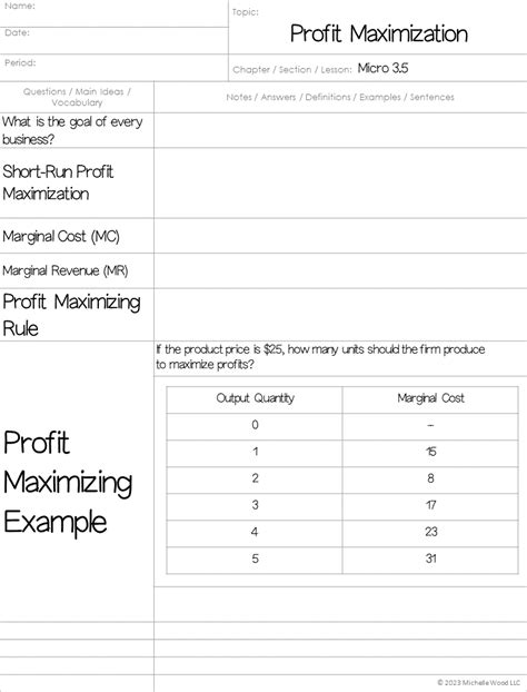 Micro 3 5 Profit Maximization Cornell Notes Michelle Wood